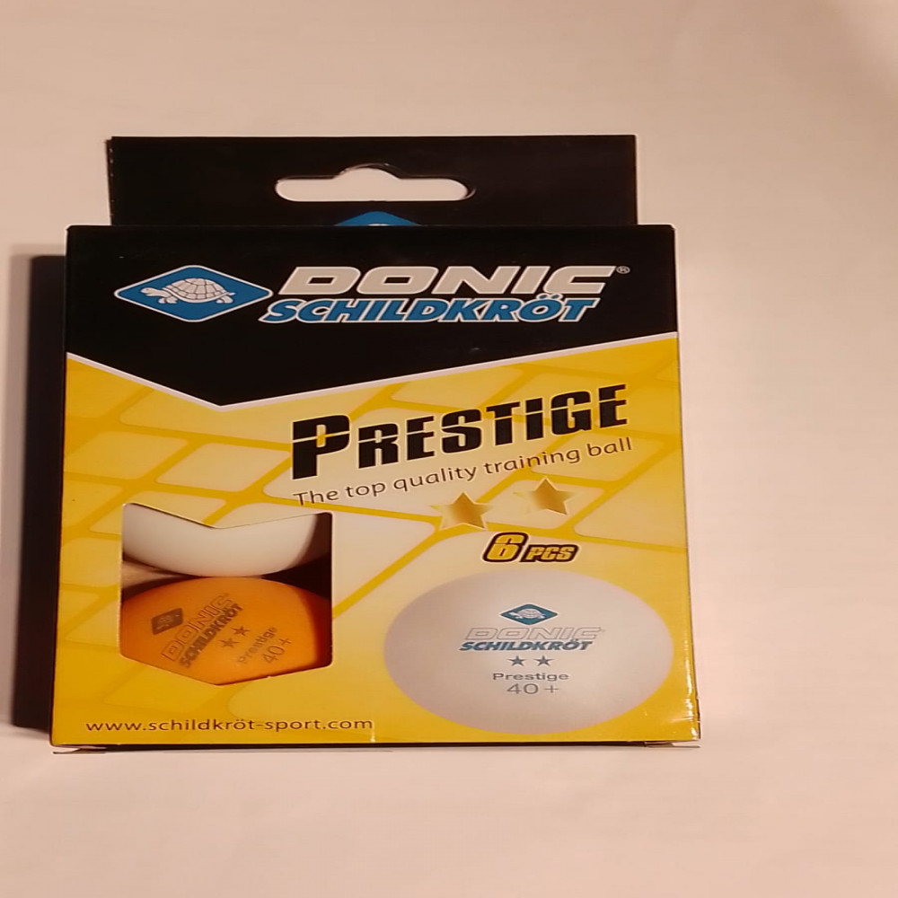 PELOTITAS PING PONG DONIC PRESTIGE 2 ESTRELLAS x 6 BLANCO/NARANJA EN CAJA - Bisonte Juegos